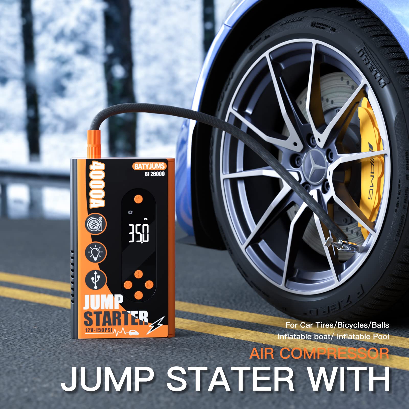 BATYJUMS Battery Jump Starter with - Air Compressor Portable Car Jump Box,๐ฐ๐ฌ๐ฌ๐ฌ๐ ๐ญ๐ฎ๐ฉ Emergency Booster Pack, Gasoline ๐ญ๐ฌ๐ Diesel๐ญ๐ฌ๐, ๐ญ๐ฑ๐ฌ๐ฃ๐ฆ๐ for Auto Motorcycle