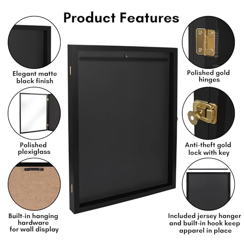 Americanflat Jersey Frame Display Case - 23x31 Lockable Display Case with Hanger - All-Star Collection - Black Sports Jersey Frame Shadow Box with Plexiglass for Baseball, Football, Basketball, Soccer