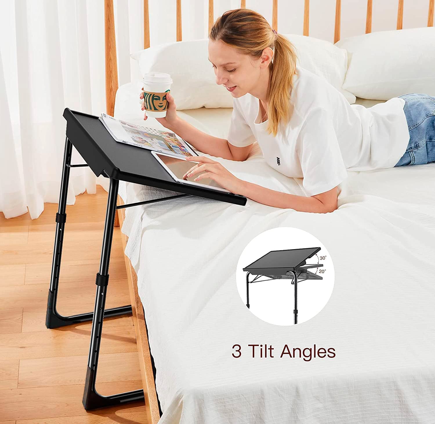 Totnz TV Tray Table, Folding TV Dinner Table Comfortable Folding Table with 3 Tilt Angle Adjustments for Eating Snack Food, Stowaway Laptop Stand (2 Pack),Black
