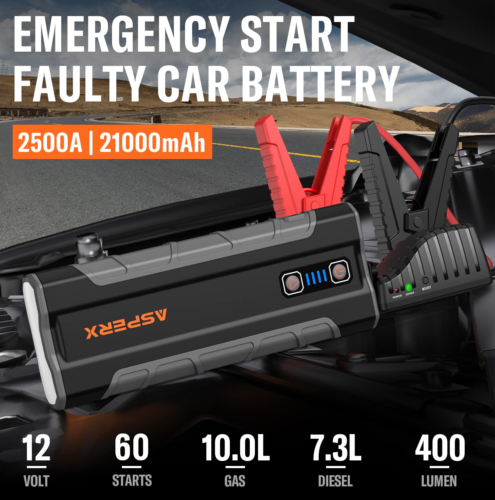 ASPERX AX2500 Car Jump Starter, 2500A Peak Battery Starter for 10L Gas or 7.3L Diesel Engines, 12V Auto Battery Booster, Lithium Jump Box with USB QC3.0, Jump Pack with Built-in LED Light