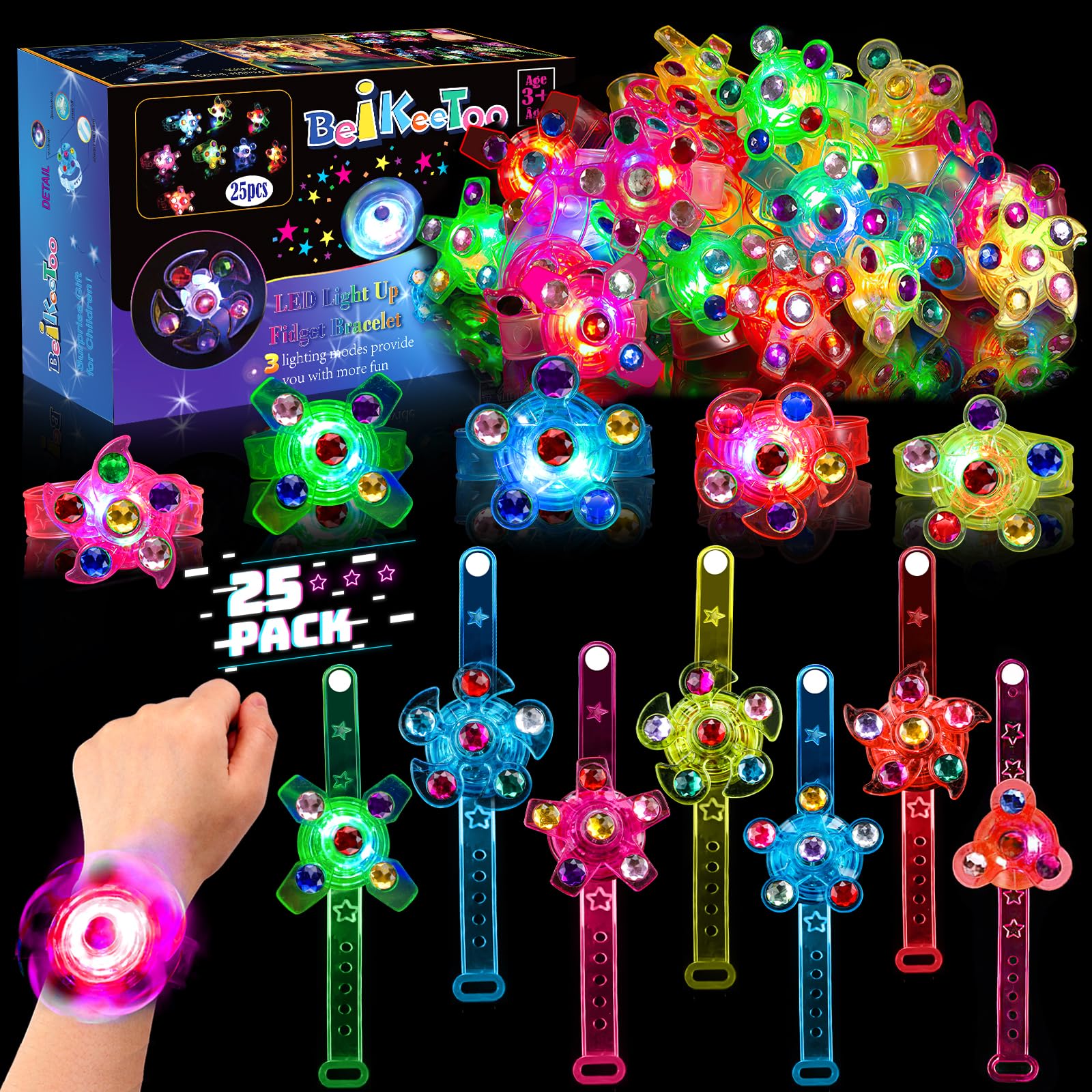 BEIKEETOO 25 Pack LED Fidget Spinner Bracelets Light Up Party Favors for Kids 4-8-12 Valentines Goodie Bag Stuffers Glow in the Dark Party Supplies for Birthday Party Favors