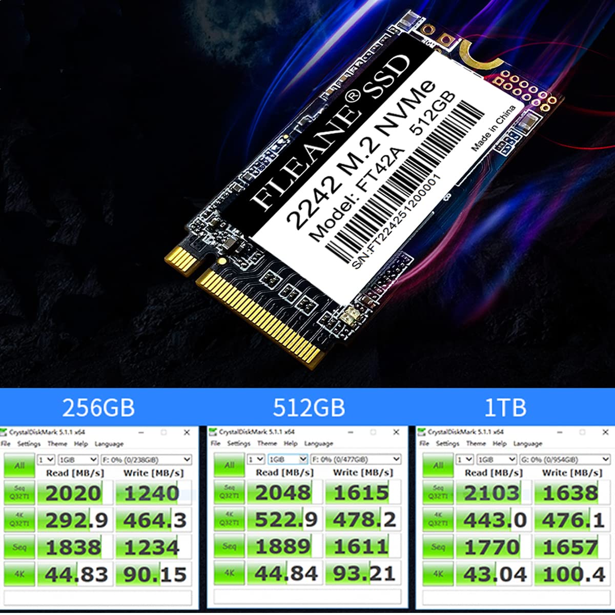 FLEANE FT42A 1TB M.2 42mm 2242 PCIe 3.0 x4 NVMe SSD 3D NAND TLC High Performance Internal Solid State Drive Compatible with Laptop Desktop Notebook PC
