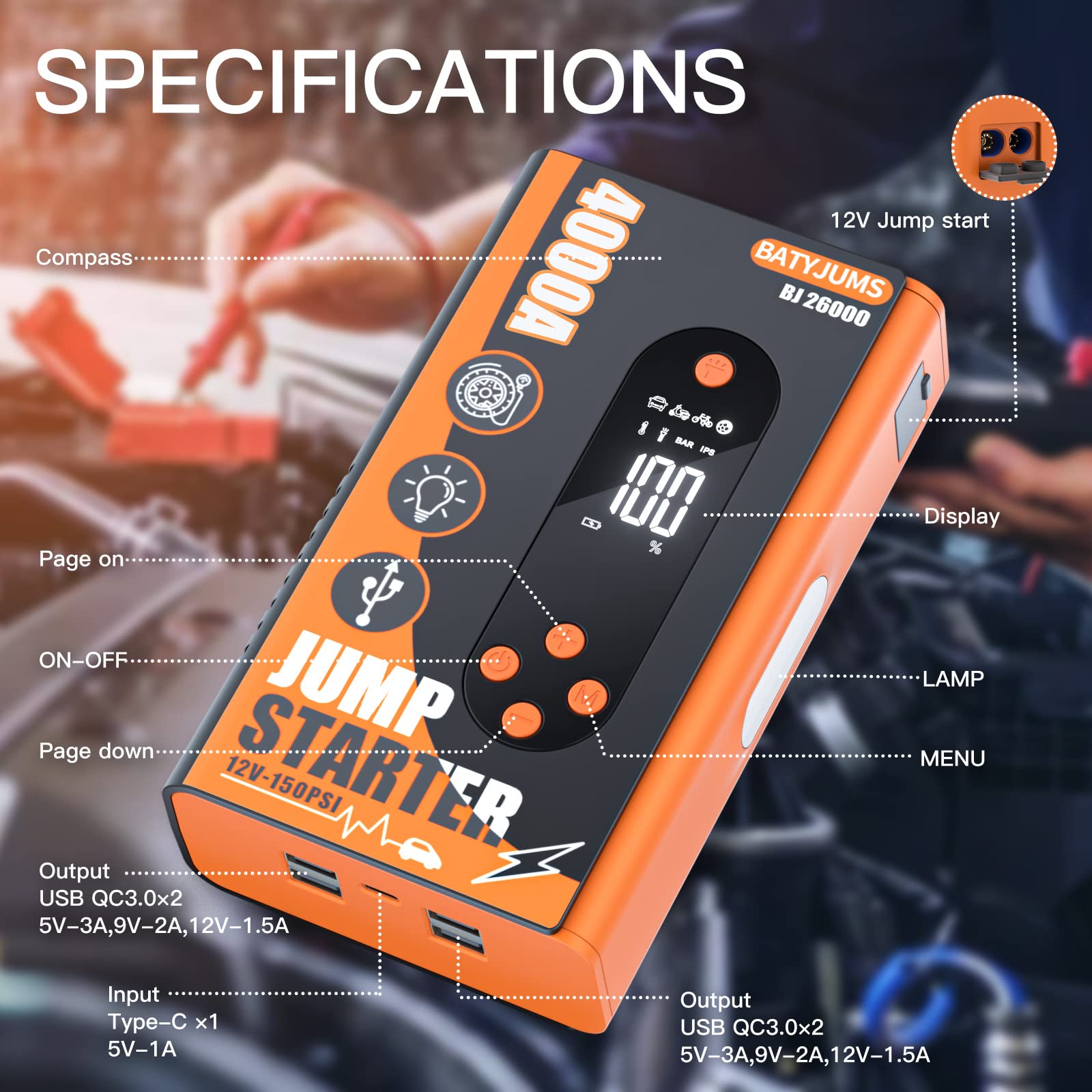 BATYJUMS Battery Jump Starter with - Air Compressor Portable Car Jump Box,๐ฐ๐ฌ๐ฌ๐ฌ๐ ๐ญ๐ฎ๐ฉ Emergency Booster Pack, Gasoline ๐ญ๐ฌ๐ Diesel๐ญ๐ฌ๐, ๐ญ๐ฑ๐ฌ๐ฃ๐ฆ๐ for Auto Motorcycle