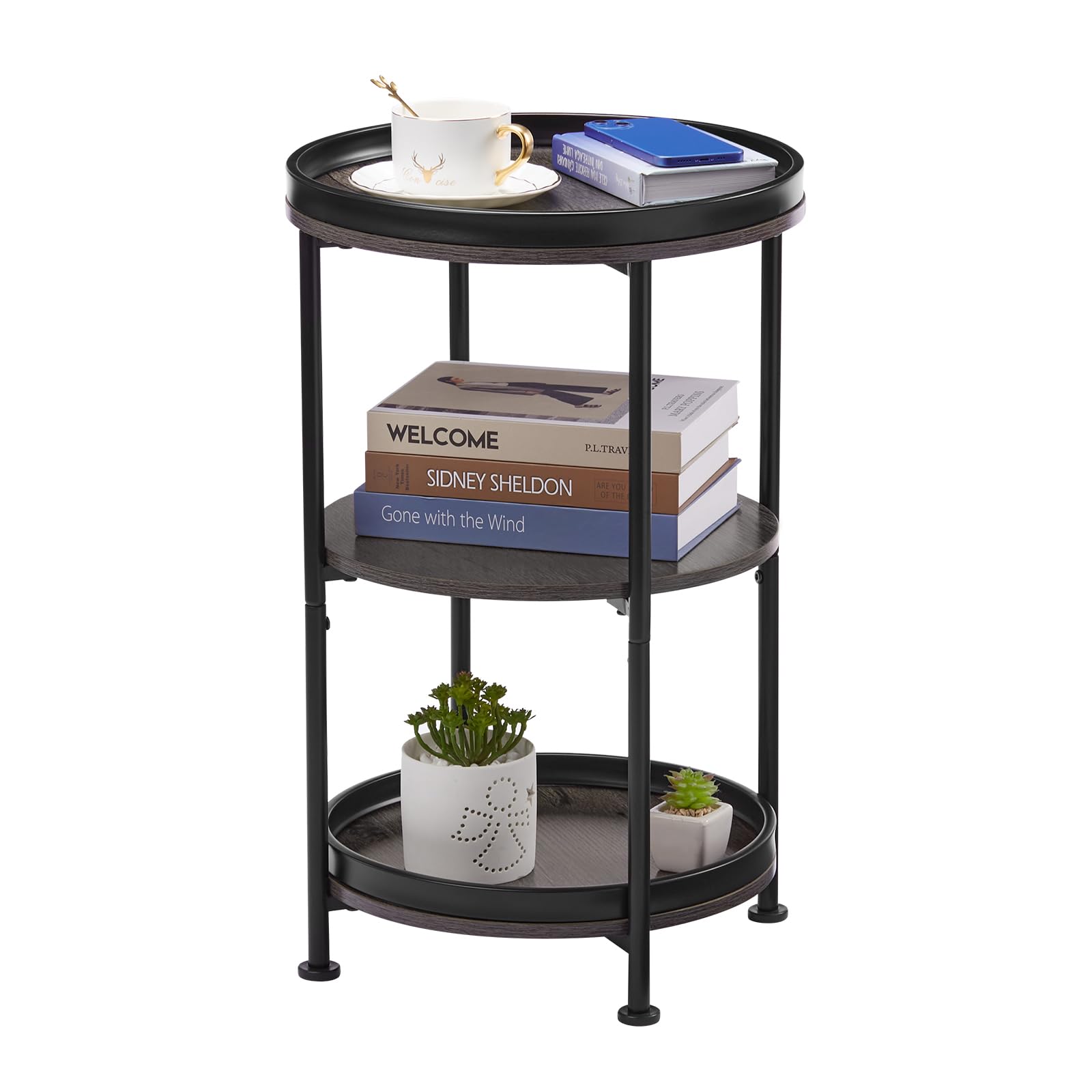 Dulcii Side Table, Round End Table with 3 Shelves for Living Room, Bedroom, Nightstand with Steel Frame for Small Spaces, Industrial Round Sofa Table, Outdoor Accent Coffee Table, Grey