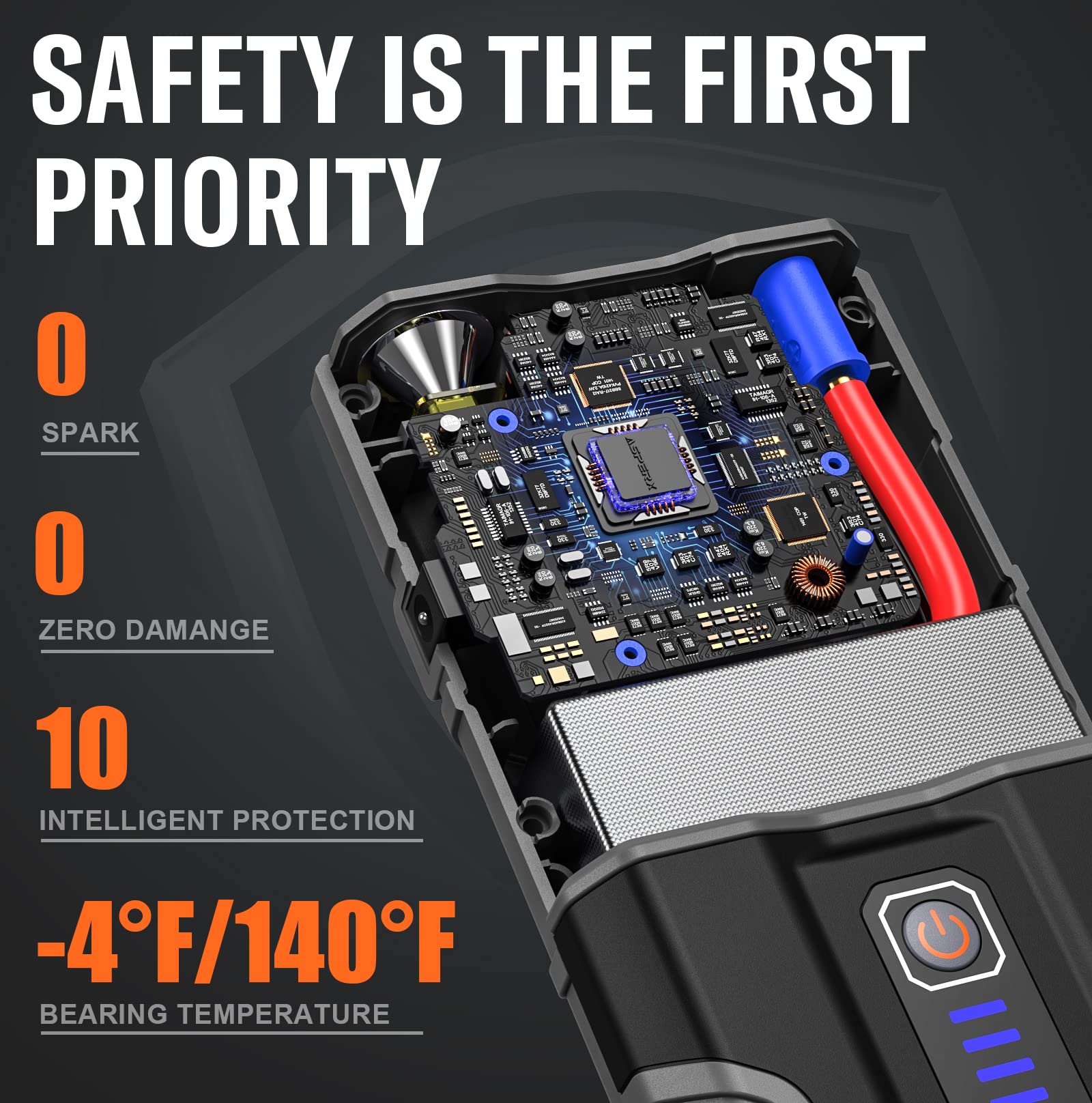 ASPERX AX2500 Car Jump Starter, 2500A Peak Battery Starter for 10L Gas or 7.3L Diesel Engines, 12V Auto Battery Booster, Lithium Jump Box with USB QC3.0, Jump Pack with Built-in LED Light