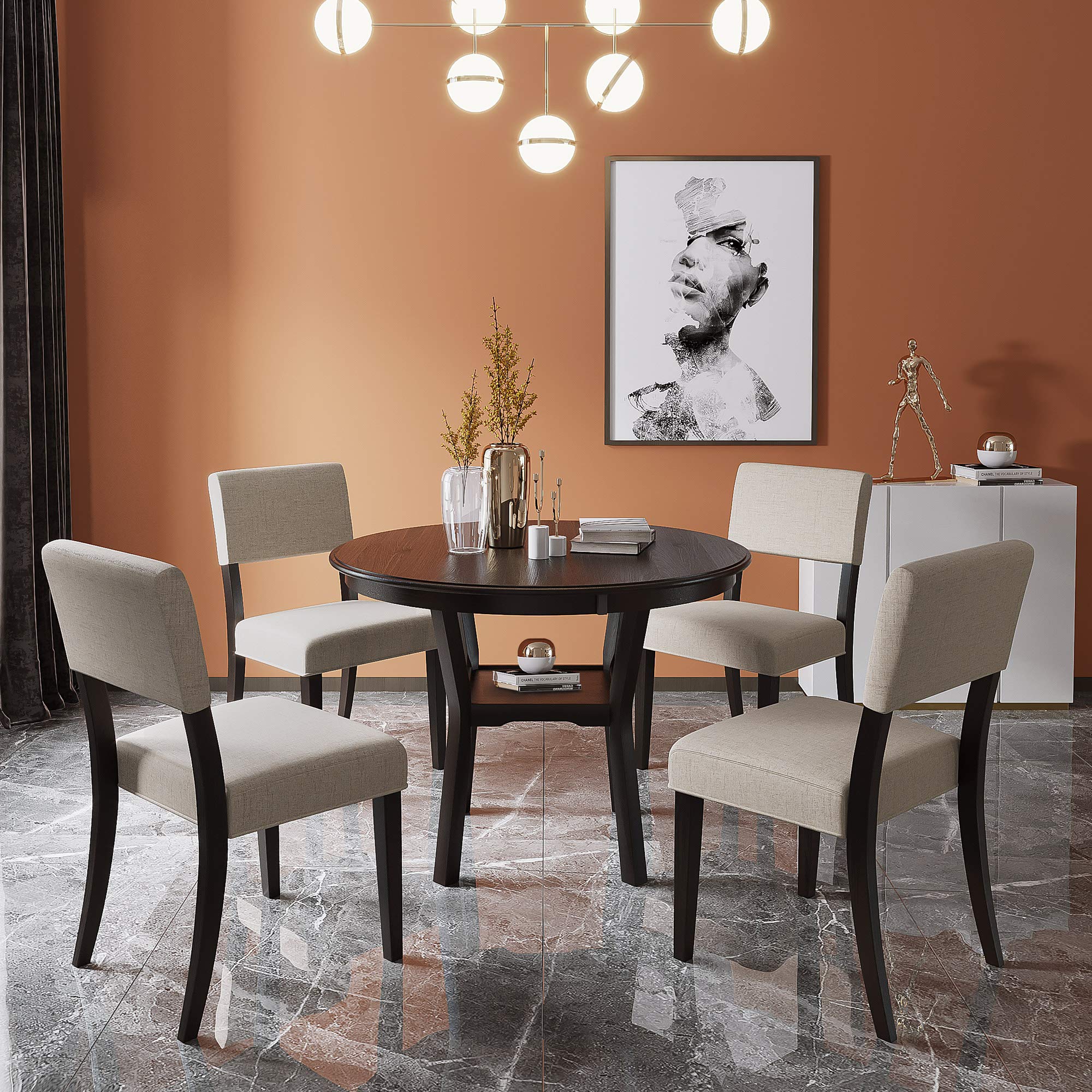 5 Pieces Dining Sets with Wooden Round Table Bring Bottom Shelf and 4 Linen Upholstered Chairs with Back Cushion for Home Kitchen & Dining Room Furniture Breakfast, Lunch & Dinner, Espresso+Beige