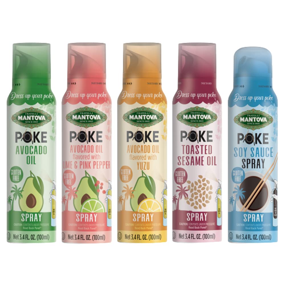 Mantova Poke Spray Variety Set, 3.4 fl. oz. (Pack of 5), Soy Sauce, Toasted Sesame Oil, Avocado Oil, Lime and Pink Pepper Flavored Avocado Oil, and Yuzu Flavored Avocado Oil, 100% Pure, All-Natural Avocado Oil, Toasted Sesame Oil and Soy Sauce, Vegan-Frie