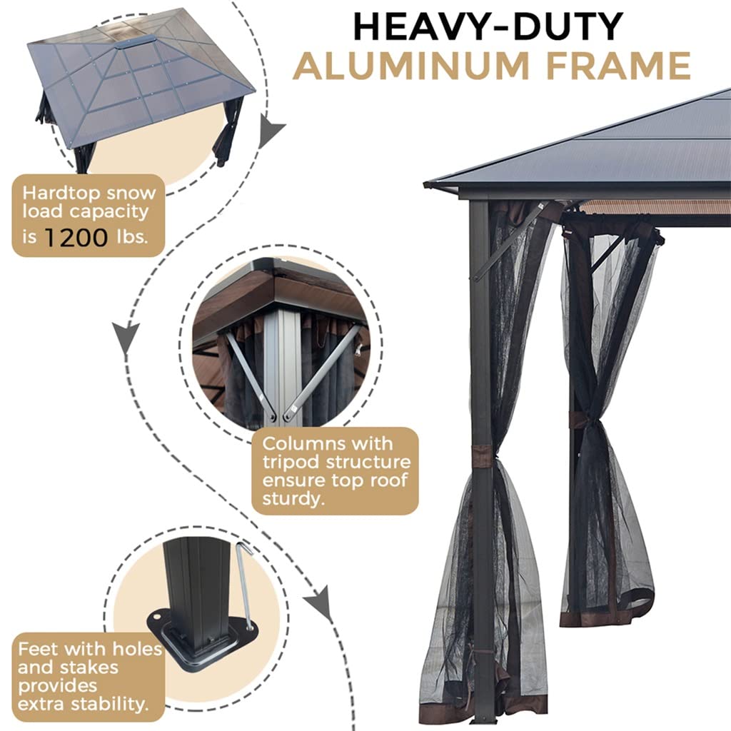 LIUJUN 12 Ft. X 10 Ft. Outdoor Aluminum Gazebo with Hardtop Netting for Lawn, Backyard