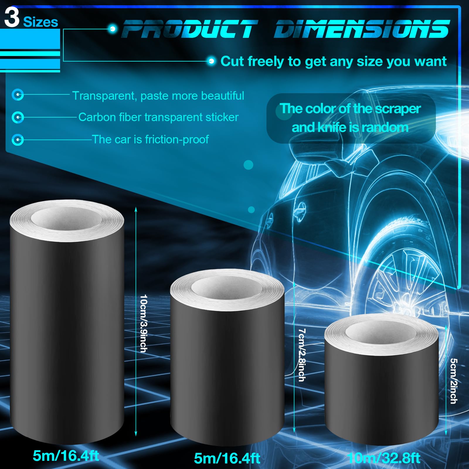 Marsui 3 Rolls 67 ft Matte Black Vinyl Wrap for Car, Includes Matte Adhesive Vinyl Tape for Chrome Delete, Window & Door Protection(2" x 32.8Ft, 2.8" x 16.4Ft, 4" x 16.4Ft)