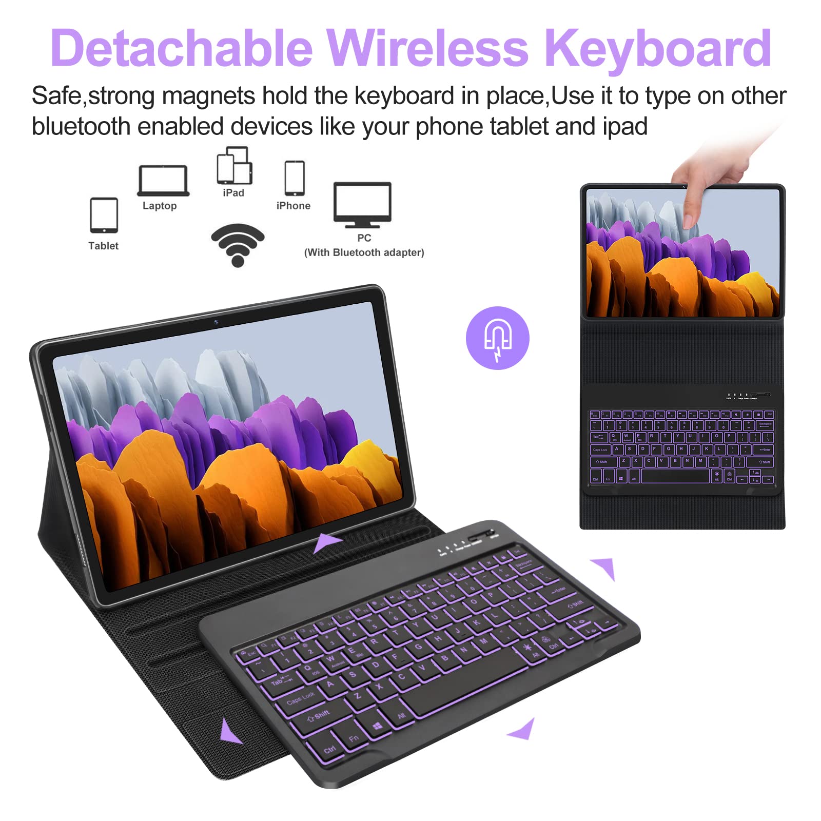 Samsung Galaxy Tab S8 Plus/S7 Plus /S7 FE Keyboard Case 12.4 inch, 7 Colors Backlit and Detachable Wireless Keyboard & Slim Stand with S Pen Holder for Tab S7 FE 2021/S7 Plus 2020/S8+ 2022, Gray