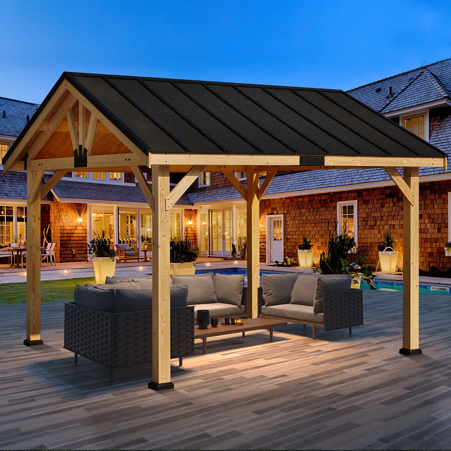 LSKTGA Gazebos, 11x12 FT Solid Wood Patio Gazebo Small wood pergola with Waterproof Asphalt Roof, Outdoor Permanent Hardtop Gazebo Canopy for Patio, Garden, Backyard