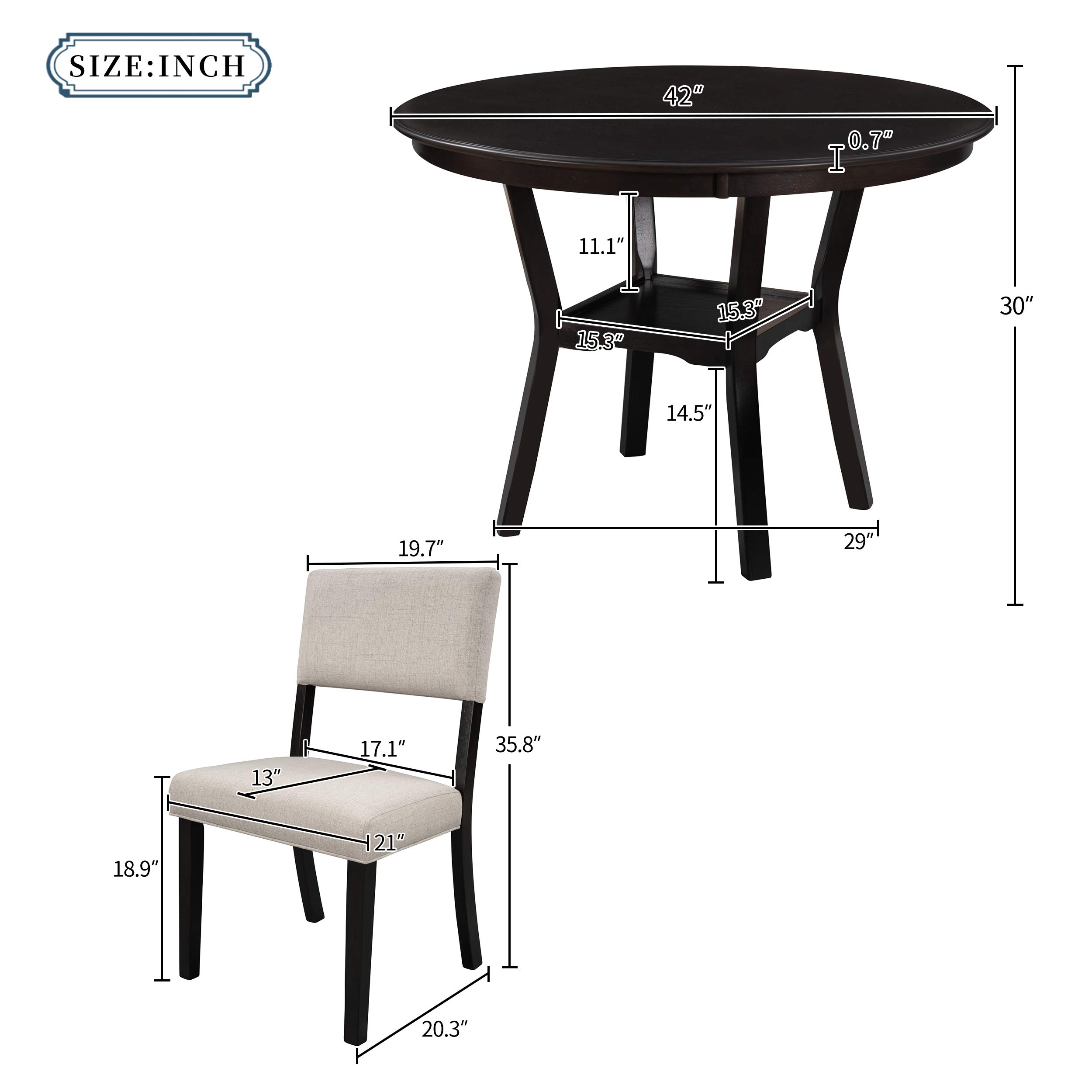 5 Pieces Dining Sets with Wooden Round Table Bring Bottom Shelf and 4 Linen Upholstered Chairs with Back Cushion for Home Kitchen & Dining Room Furniture Breakfast, Lunch & Dinner, Espresso+Beige