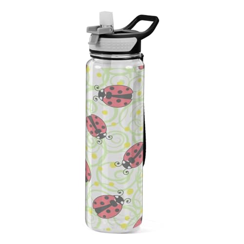 OTVEE Red Ladybugs Water Bottle with Straw, BPA-Free Plastic Sports Water Bottle for Fitness, Gym, Camping, Outdoor Sports,32 oz