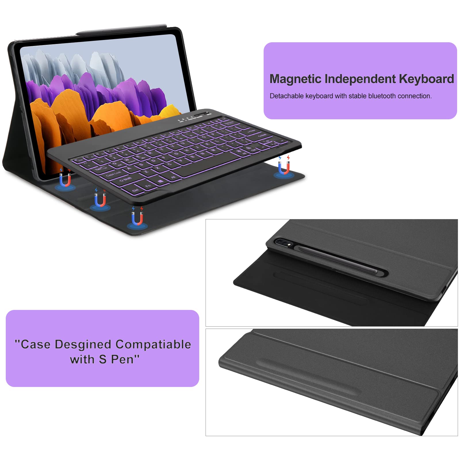 Samsung Galaxy Tab S8 Plus/S7 Plus /S7 FE Keyboard Case 12.4 inch, 7 Colors Backlit and Detachable Wireless Keyboard & Slim Stand with S Pen Holder for Tab S7 FE 2021/S7 Plus 2020/S8+ 2022, Gray