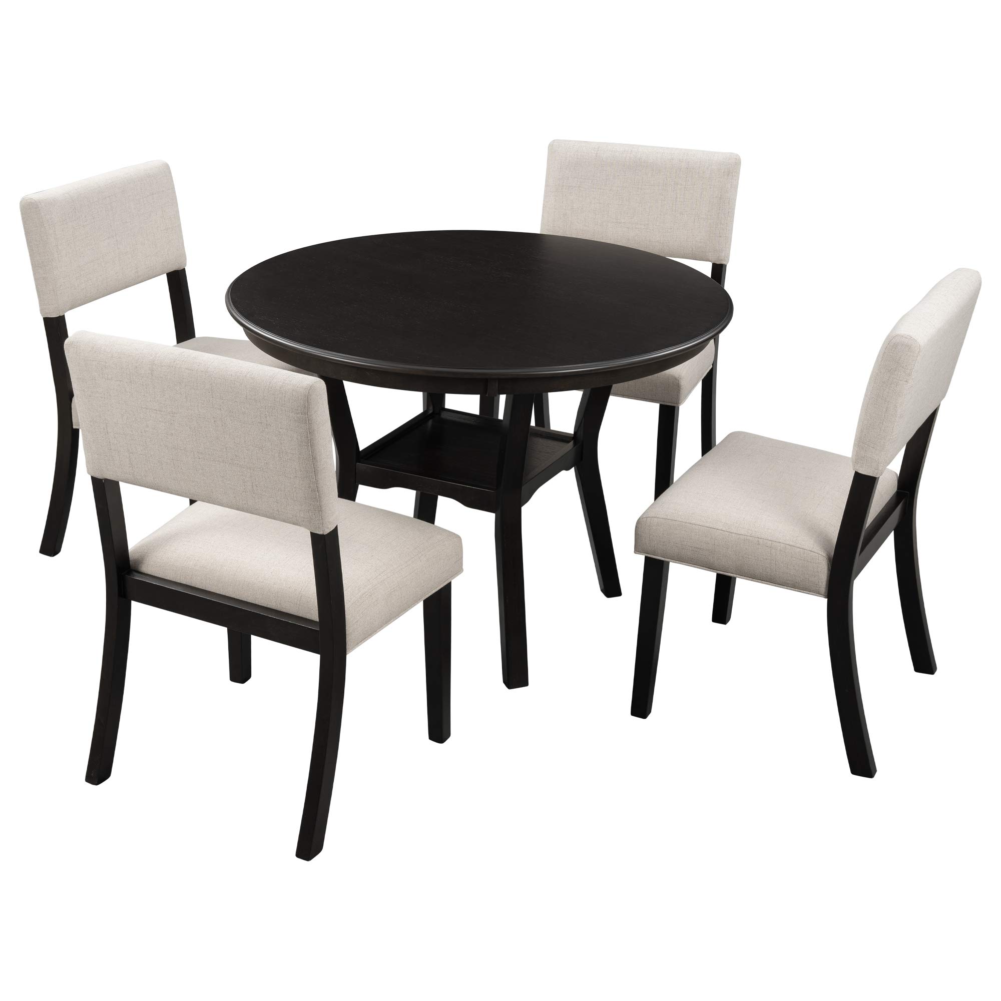 5 Pieces Dining Sets with Wooden Round Table Bring Bottom Shelf and 4 Linen Upholstered Chairs with Back Cushion for Home Kitchen & Dining Room Furniture Breakfast, Lunch & Dinner, Espresso+Beige