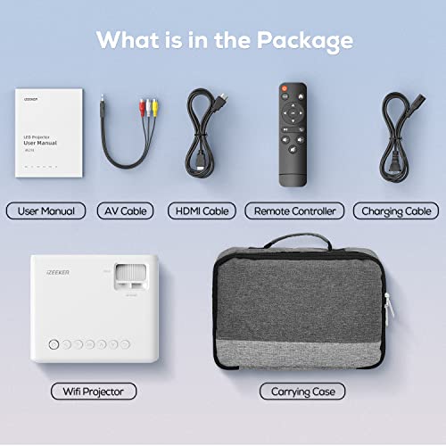 Projector with 5G WiFi and Bluetooth, Native 1080P 9000Lux iZEEKER Video Portable Projector with Carry Bag, 4K Support Outdoor Projector 300'' Display Compatible with iOS/Android, TV Stick, HDMI