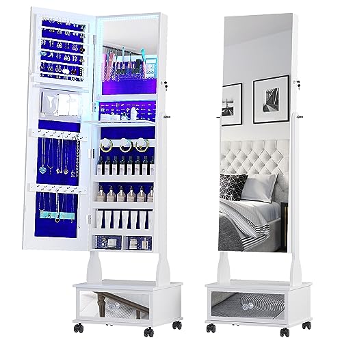 Lvifur 360° Rotating LED Jewelry Armoire,47.2'' Full Length Mirror Large Capacity 3 Color Dimmable Jewelry Organizer Armoire, Lockable Floor Standing Mirror with 4 rollers