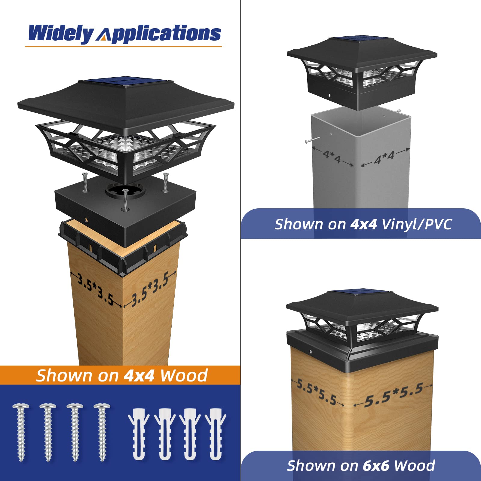 APONUO Solar Post Cap Lights,2 Pack 2-Modes Bright 4x4 Post Solar Lights Auto On Off,Outdoor Waterproof Garden Patio Fence Deck Patio Decor for Fence Deck Post Caps 4x4 6x6 Wood,4x4 Vinyl