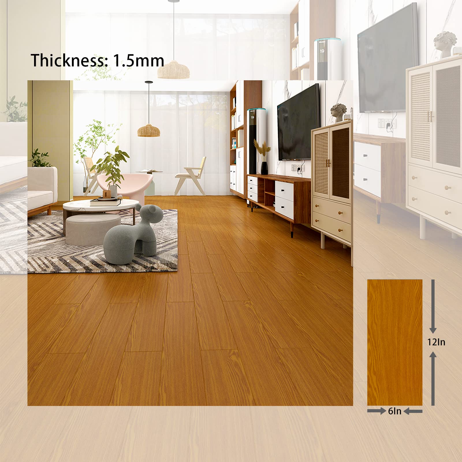 Thicker Peel and Stick Floor Tile,Intensification Vinyl Flooring Roll 12" x 6" x 0.06" 1-Pack 1.5 Sq.Ft Floor Honey Wood Grain Look DIY Self-Adhesive and Waterproof Flooring for Bedroom, Living Room