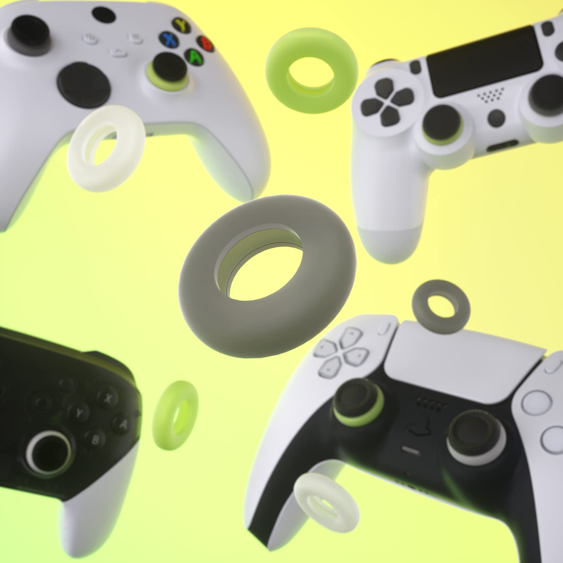 PlayVital 3 Pairs Silicone Aim Assist Target Motion Control Precision Rings for ps5, for ps4, for Xbox Series X/S/One / 360, for Switch Pro, for Steam Deck - Clear Black White & Glow in Dark Green