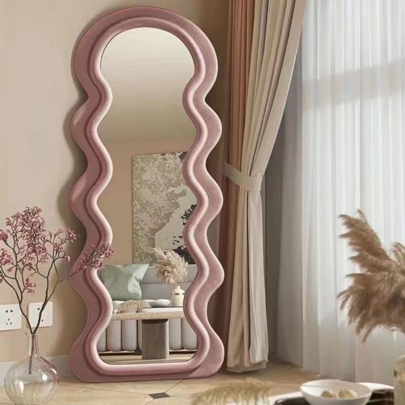 Shop Frugal Irregular Wavy Mirror Full Length Mirror 69" x 29", Wave Arched Floor Mirror, Wall Mirror Standing Hanging or Leaning Against Wall for Bedroom, Flannel Wrapped Frame (Flannelette Pink)