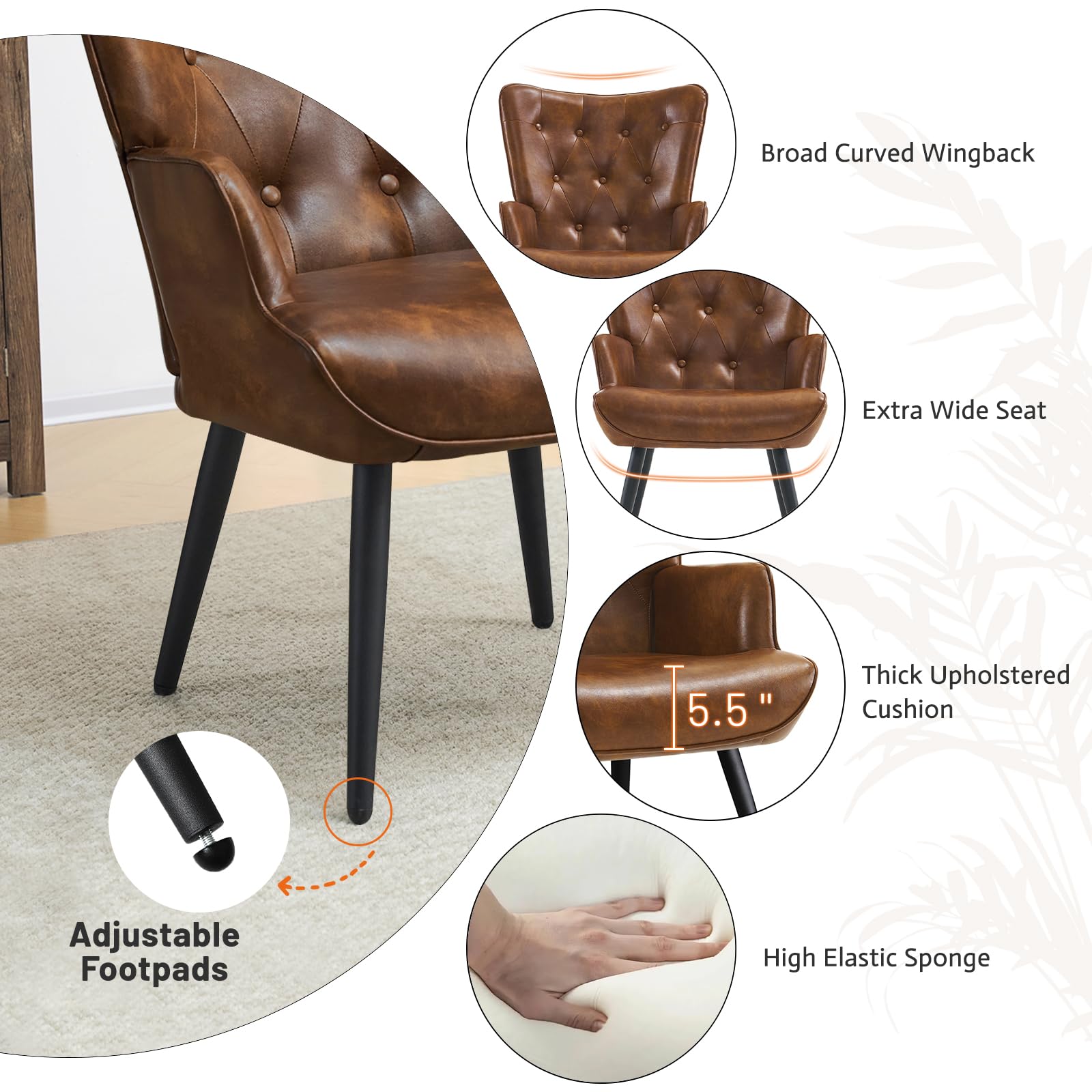 Furniliving PU Leather Accent Chair for Living Room, Upholstered Reading Chair with High Backrest, Tufted-Button Wingback Armchair for Bedroom, Dressing Room, Home Office, Brown