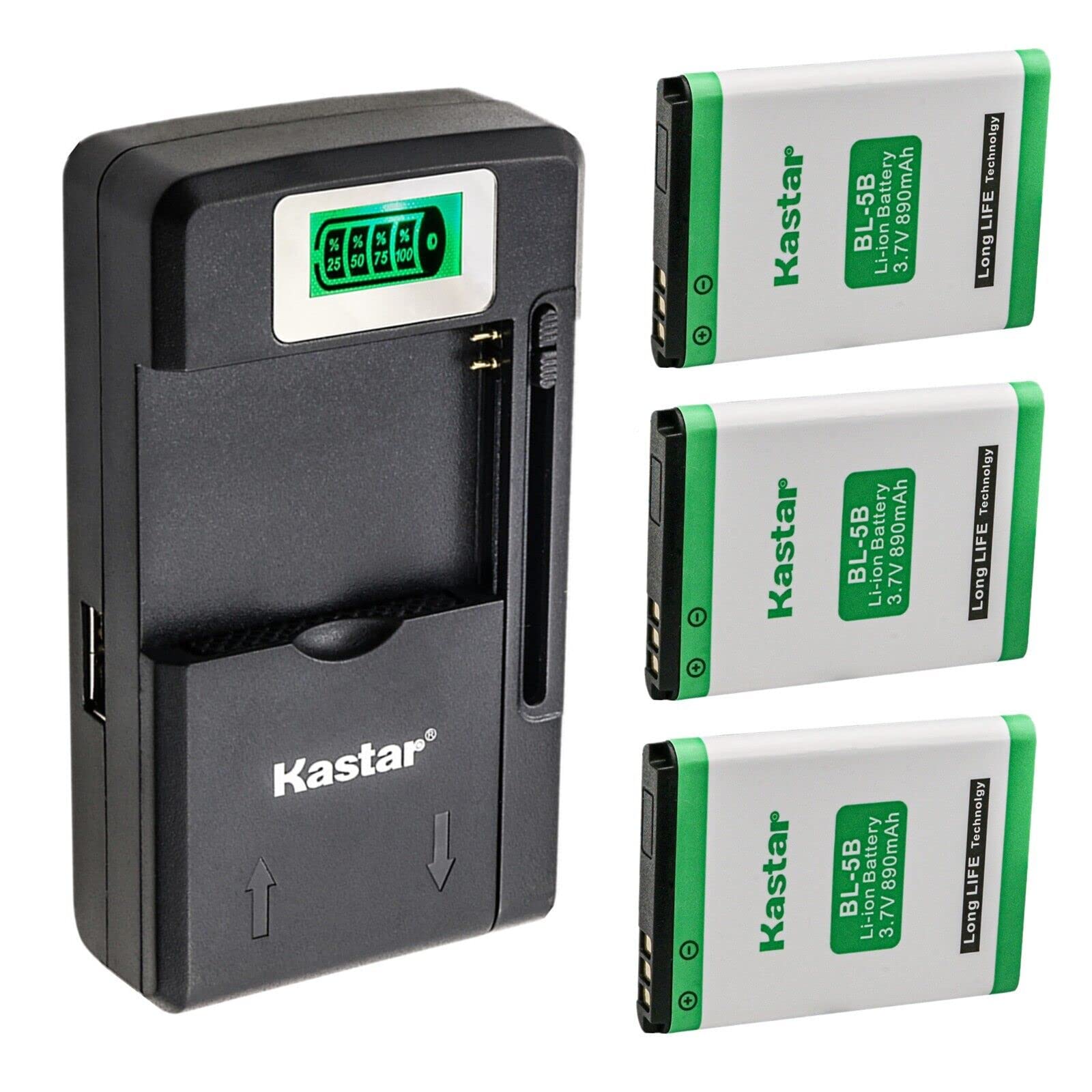 Kastar 3-Pack BL-5B Battery and Smart LCD Charger Replacement for Nok 2610 3220 3230 5140 5140i 5200 5300 5500 5500 Sport 6020 6021 6061 6070 6080 7260 7360 N80 N90 5070 6060 6120 Classic 6121