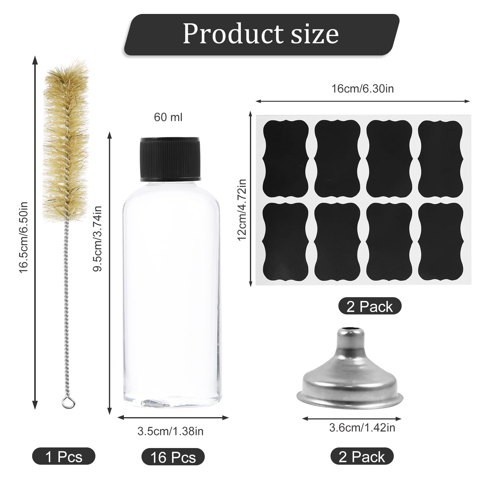 Jeyeou 16pcs 2oz Plastic Juice Bottles with Caps, Reusable Clear Juice Containers Drink Containers Juice Shots with 16pcs Labels 2pcs Funnel and 1pcs Brush for Juice Smoothie Milk Liquor Ginger Shots