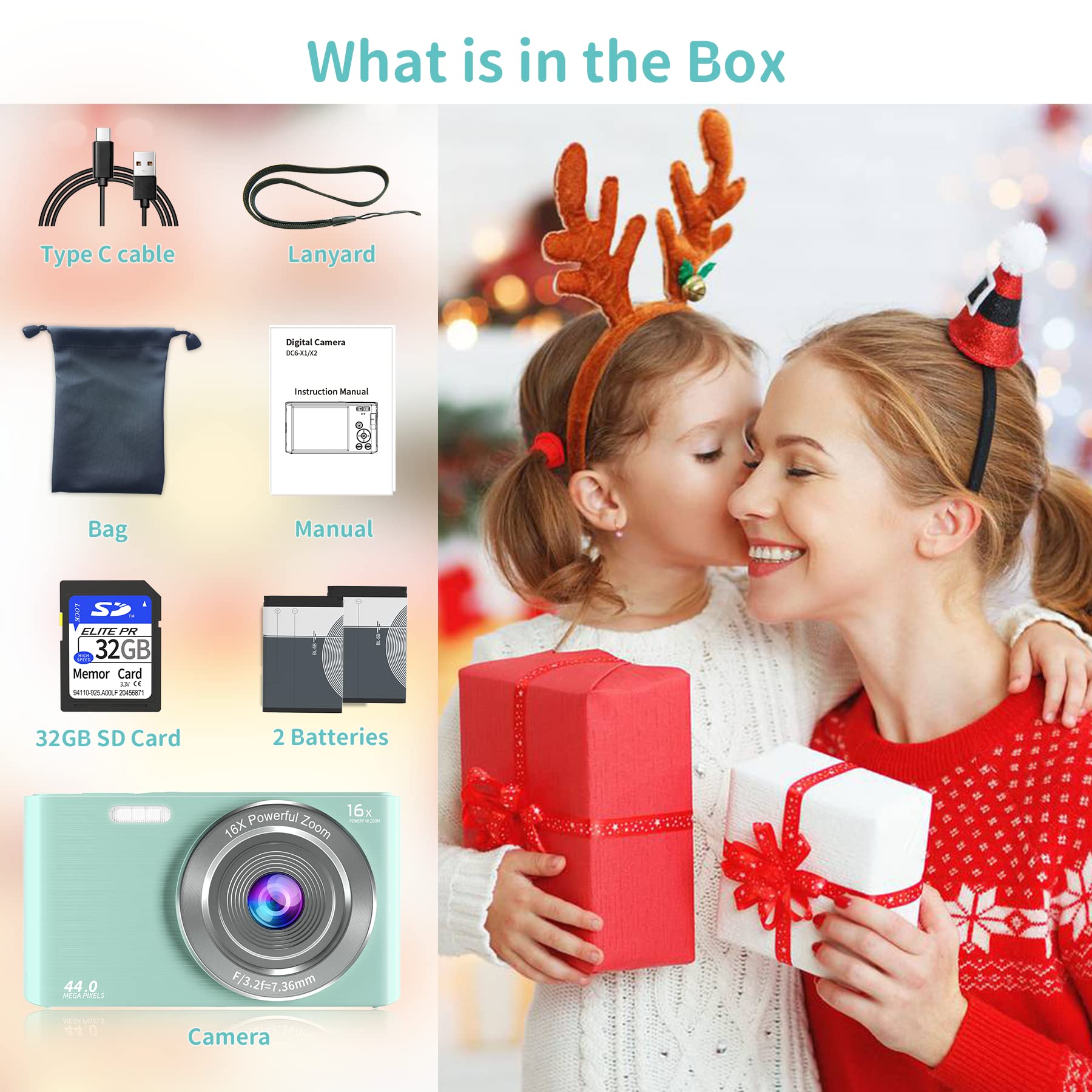 Saneen Digital Camera, FHD 2.7K Cameras for Photography, 44MP Kids Camera Small Mini Compact Digital Camera for Teens, Adults & Beginners with 32GB SD Card, 16X Zoom, Two Rechargeable Batteries-Green