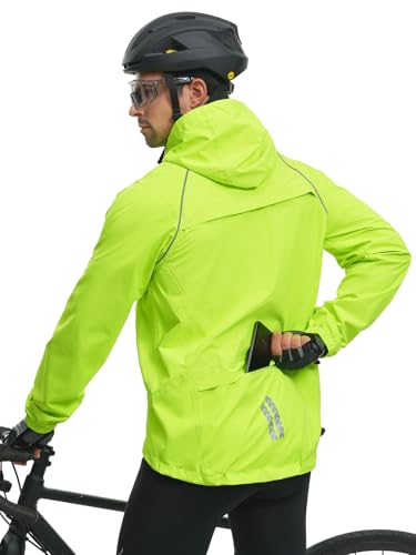 BERGRISAR Men's Cycling Rain Jacket Waterproof Cycling Windbreaker Bike Bicycle Jacket Running Hood Rain Coat Green Size Large