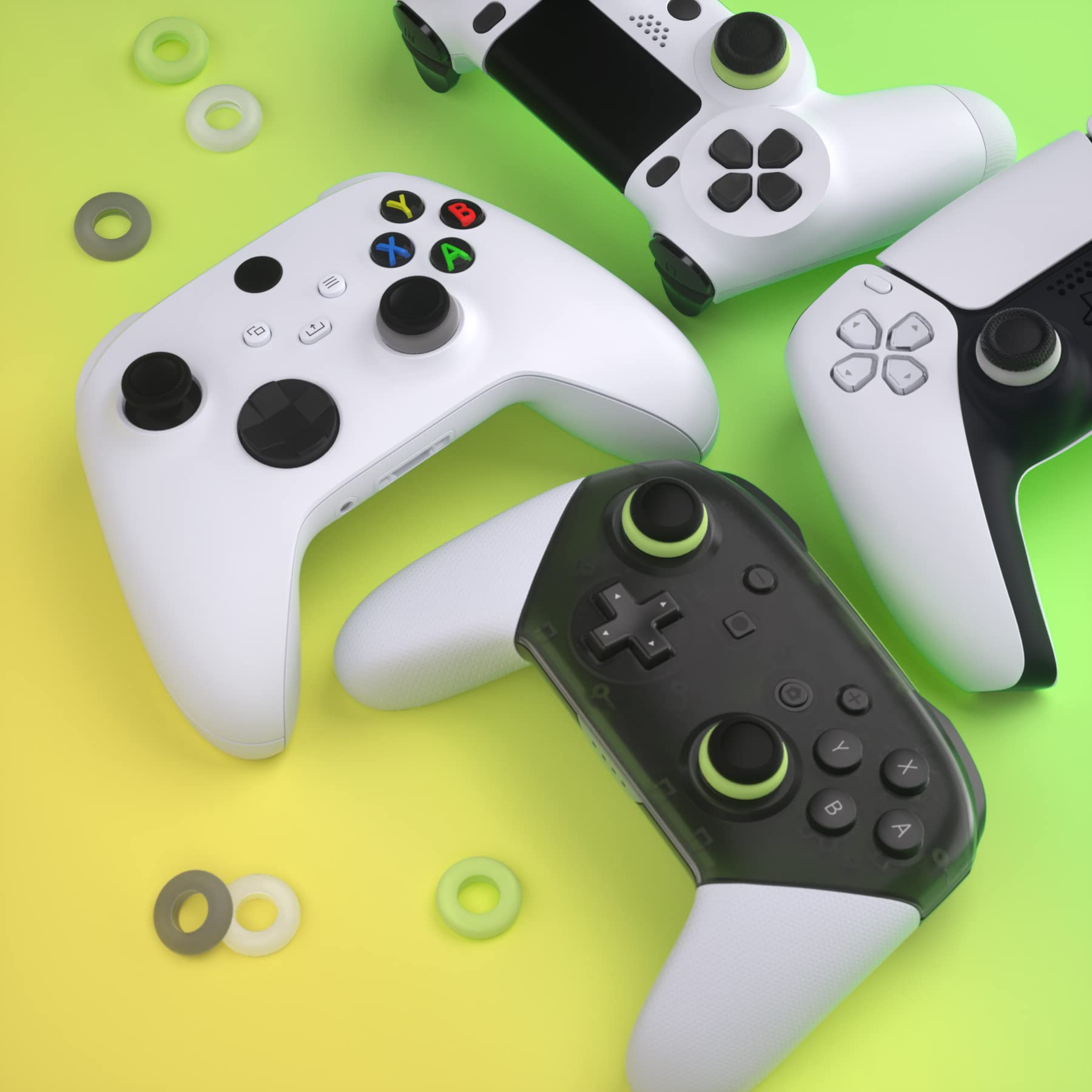 PlayVital 3 Pairs Silicone Aim Assist Target Motion Control Precision Rings for ps5, for ps4, for Xbox Series X/S/One / 360, for Switch Pro, for Steam Deck - Clear Black White & Glow in Dark Green