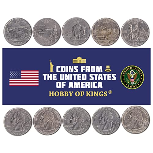 5 Coins from United States | American Coin Set Collection 1/4 Quarter Dollar | Circulated 2005 | John Muir | George Washington | Buffalo | California Condor | Loon | New River Gorge Bridge | Sunflower