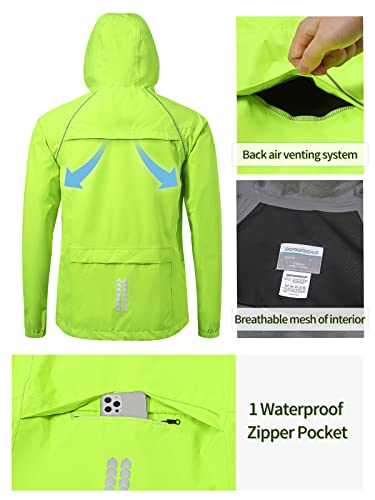 BERGRISAR Men's Cycling Rain Jacket Waterproof Cycling Windbreaker Bike Bicycle Jacket Running Hood Rain Coat Green Size Large