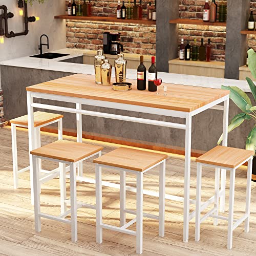 Recaceik Dining Table Set for 4 Kitchen Table and Chairs Set of 4, 5 Pieces Bar Table Set with 4 Stools Counter Height Dining Room Table with Metal Legs for Dinette Breakfast Nook, 47'' Walnut