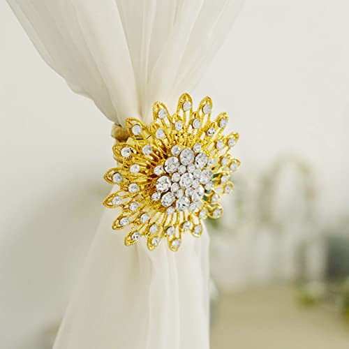Tableclothsfactory 2 Pack | 4" Gold Crystal Flower Magnetic Backdrop Curtain Tie Backs, Metallic Window Drapery Panel Buckle Clips