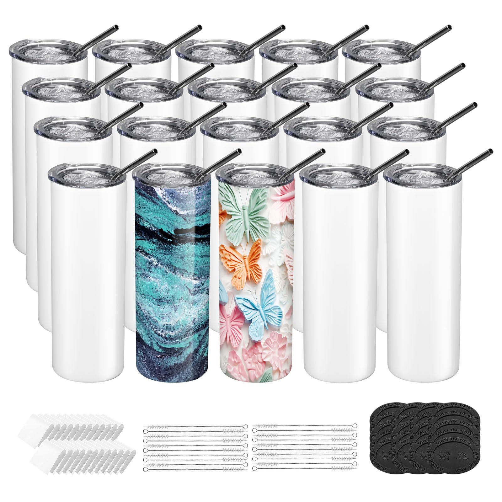 OFFNOVA 20Pack Sublimation Tumblers Blank, 20oz Skinny Straight Tumbler Bulk for Heat Transfer, Double Wall Insulated Tumbler with Individually Boxes, Shrink Wrap, Cleaning Brush