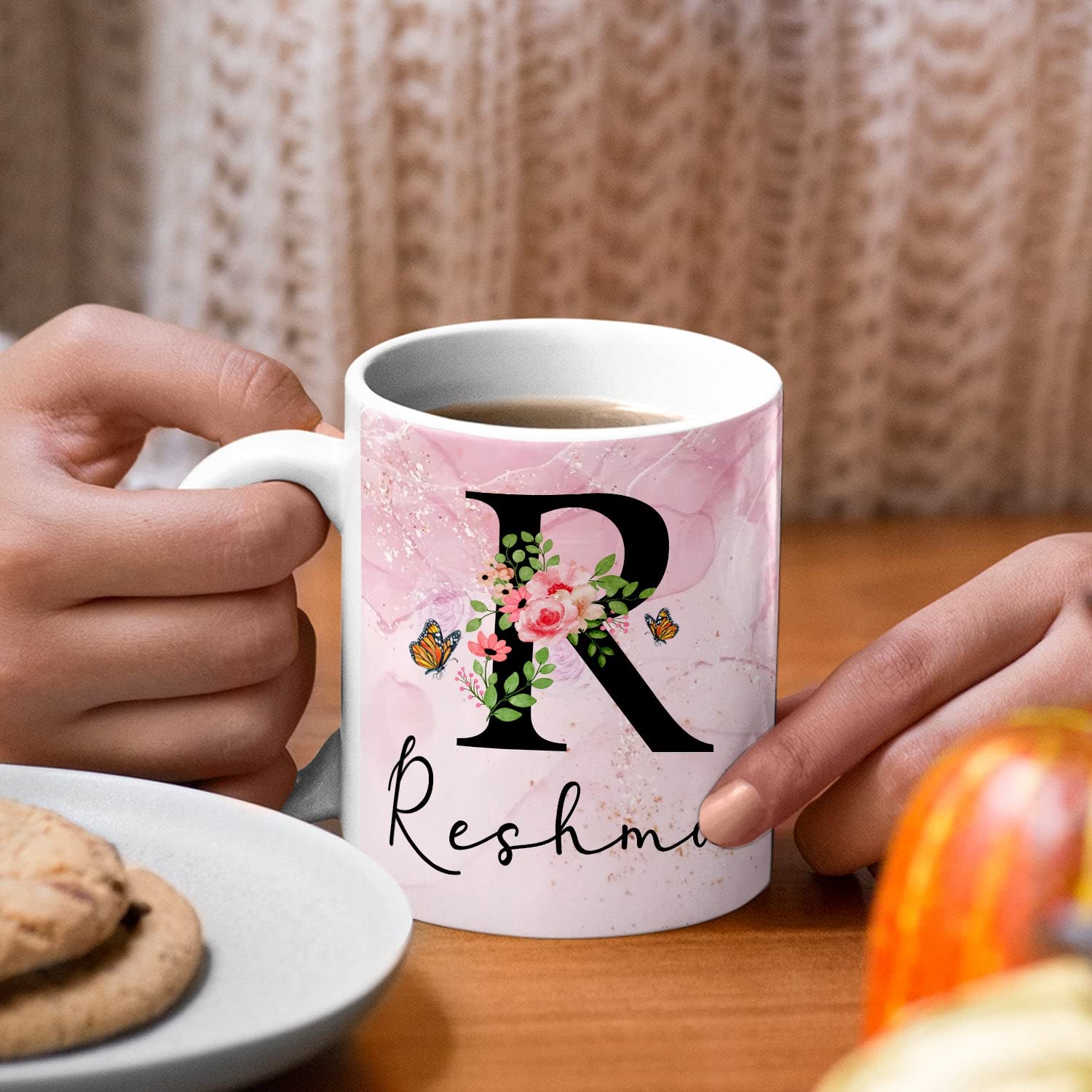 Personalized Name & Initial Monogram Floral Pink Pattern Alphabet White Coffee Mug Cup, Initial Monogram Travel Mug Gift For Women
