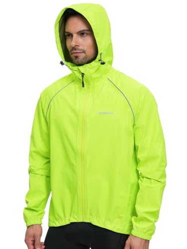 BERGRISAR Men's Cycling Rain Jacket Waterproof Cycling Windbreaker Bike Bicycle Jacket Running Hood Rain Coat Green Size Large