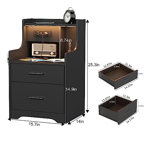 Vabches Nightstand with Charging Station & LED Lights, Black Nightstand with 2 Drawers and Open Storage, Bed Side Table Night Stand for Kids Bedroom Living Room,Small Bedside Table for Toddlers