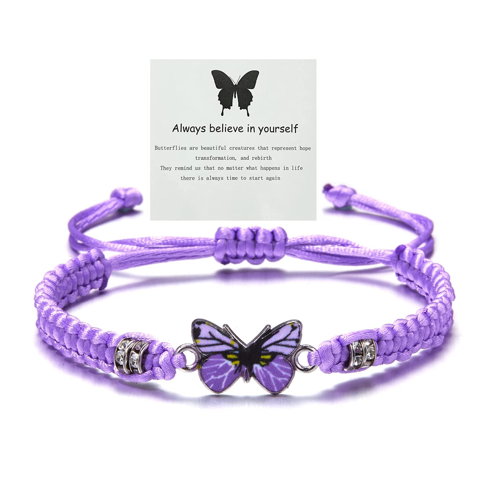 Meztole Always Believe in Yourself Butterfly Bracelet Adjustable String Butterfly Charm Purple Bracelets for Women,Hand Woven Lucky Bracelet Butterfly Jewelry Friendship Bracelet for Women (Purple)