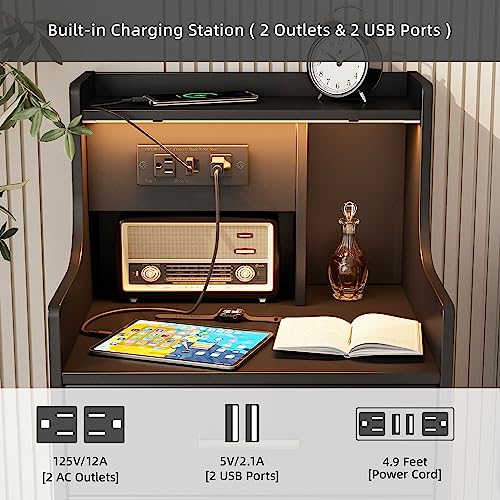 Vabches Nightstand with Charging Station & LED Lights, Black Nightstand with 2 Drawers and Open Storage, Bed Side Table Night Stand for Kids Bedroom Living Room,Small Bedside Table for Toddlers