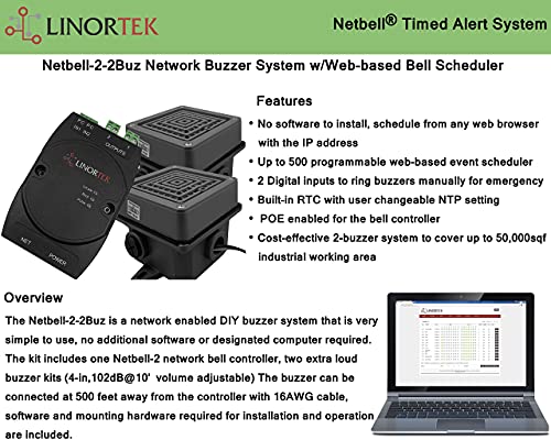 Linortek Netbell-2-2Buz TCP/IP Network Break Buzzer System with Two 4β Extra Loud Buzzers for Industrial Factory Warehouse Lunch Break Time Alert Signalling w/Web-Based Scheduling Software