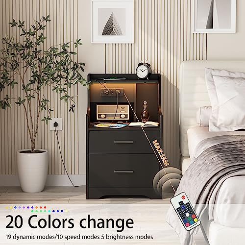 Vabches Nightstand with Charging Station & LED Lights, Black Nightstand with 2 Drawers and Open Storage, Bed Side Table Night Stand for Kids Bedroom Living Room,Small Bedside Table for Toddlers