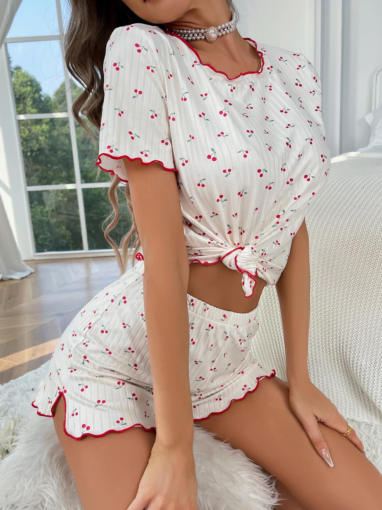 SOLY HUX Pajama Set for Women Cute Print Short Sleeve Tee and Shorts Lounge Sleepwear Beige Cherry M