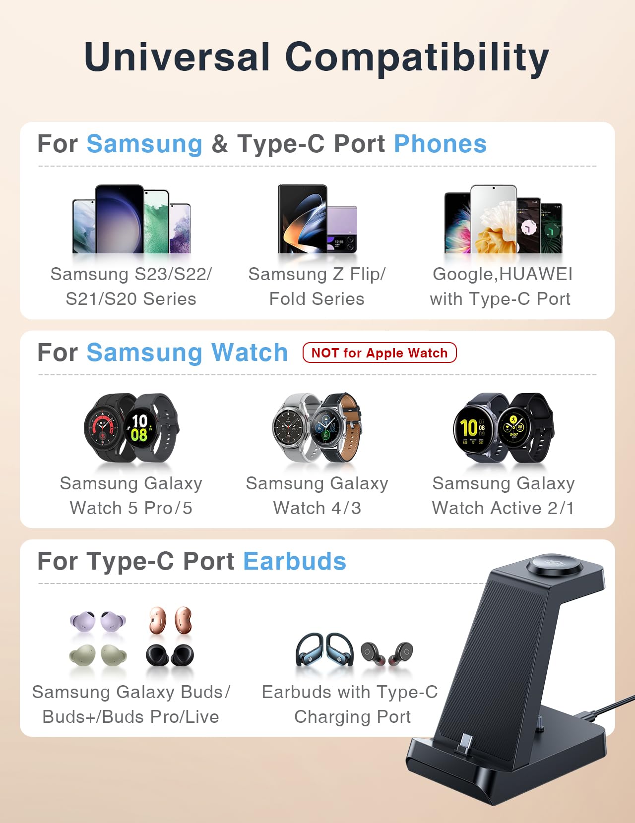 Charging Station for Samsung and Android Devices 3-in-1 Charging Stand for Galaxy S23 S22 S21 Z Flod Flid Wireless Charger for Galaxy Watch