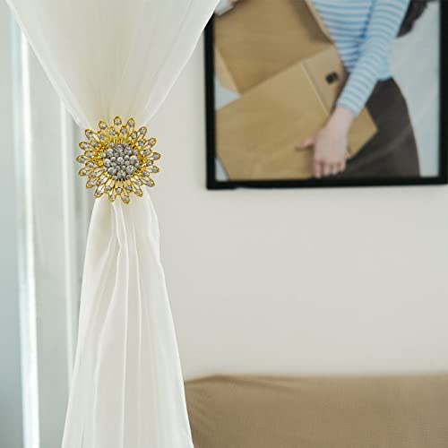 Tableclothsfactory 2 Pack | 4" Gold Crystal Flower Magnetic Backdrop Curtain Tie Backs, Metallic Window Drapery Panel Buckle Clips