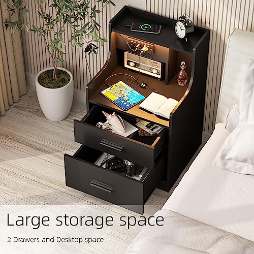 Vabches Nightstand with Charging Station & LED Lights, Black Nightstand with 2 Drawers and Open Storage, Bed Side Table Night Stand for Kids Bedroom Living Room,Small Bedside Table for Toddlers