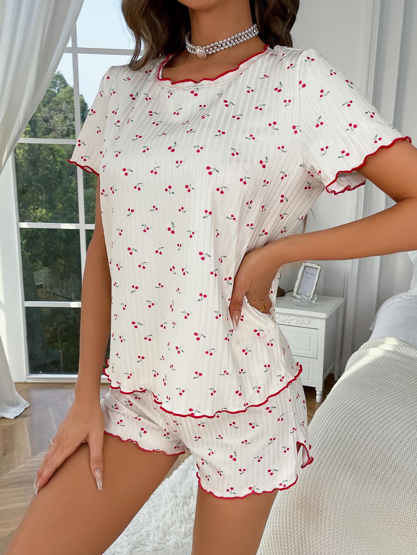 SOLY HUX Pajama Set for Women Cute Print Short Sleeve Tee and Shorts Lounge Sleepwear Beige Cherry M