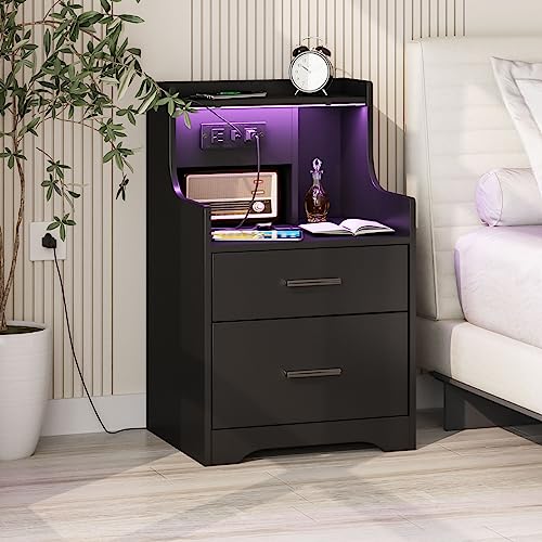 Vabches Nightstand with Charging Station & LED Lights, Black Nightstand with 2 Drawers and Open Storage, Bed Side Table Night Stand for Kids Bedroom Living Room,Small Bedside Table for Toddlers