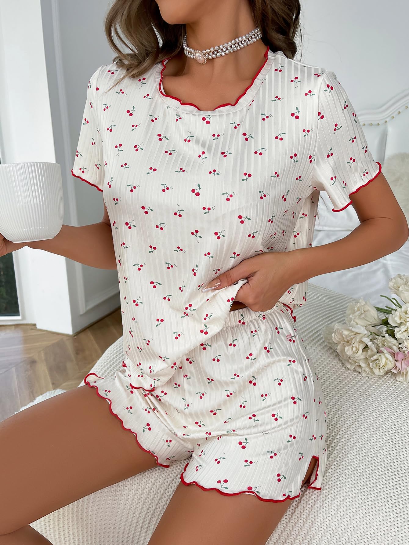SOLY HUX Pajama Set for Women Cute Print Short Sleeve Tee and Shorts Lounge Sleepwear Beige Cherry M